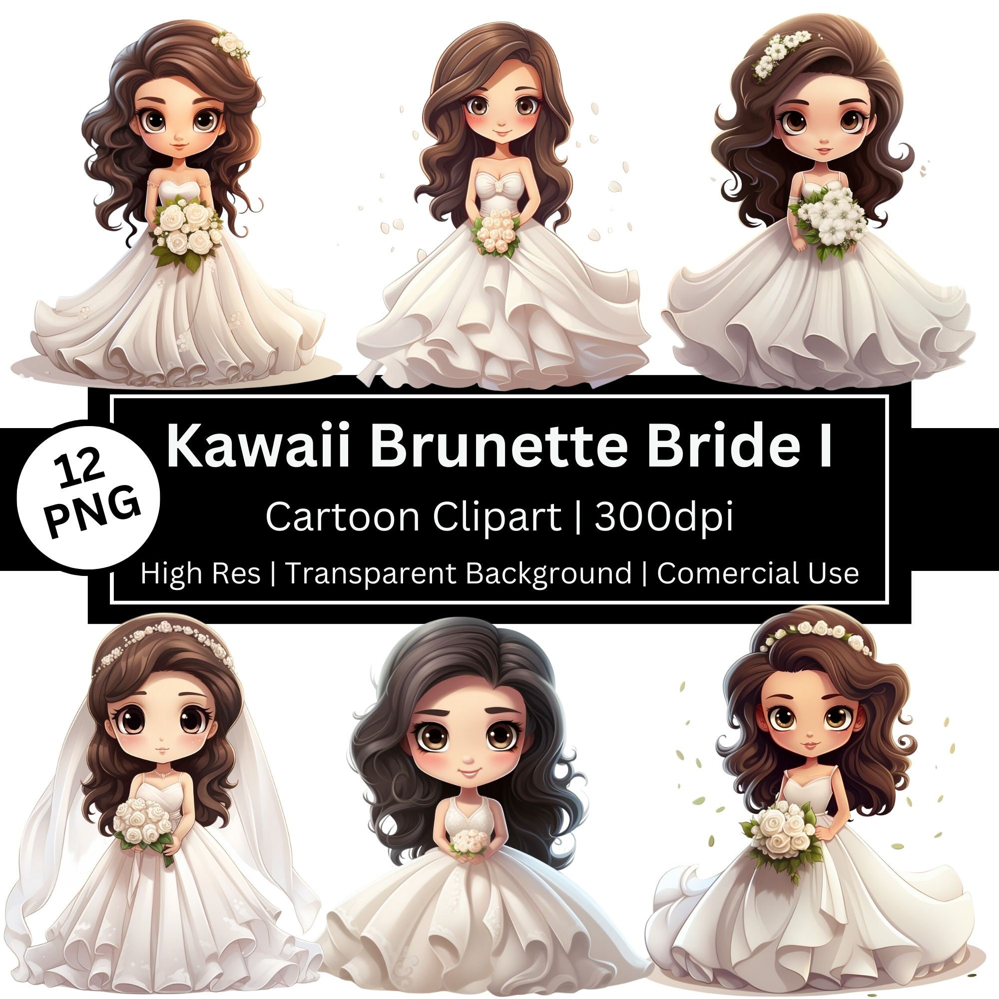 Cute Bride Clipart, Set of 12 Brunette Kawaii Cartoon, Romance, Cute ...