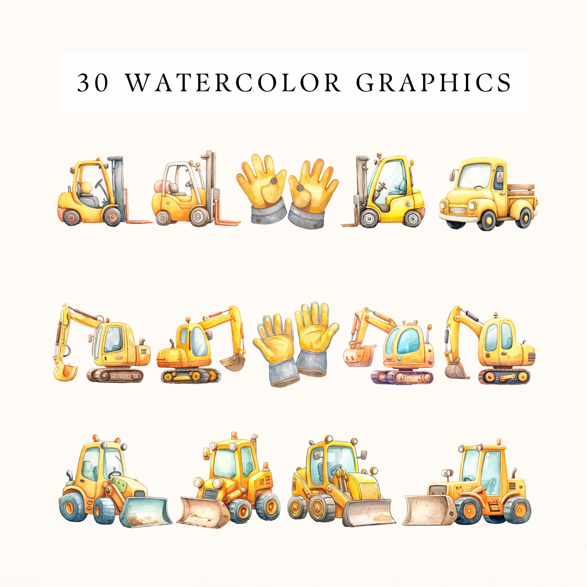 Watercolor Construction Clipart, Yellow Vehicles, Boys Nursery ...