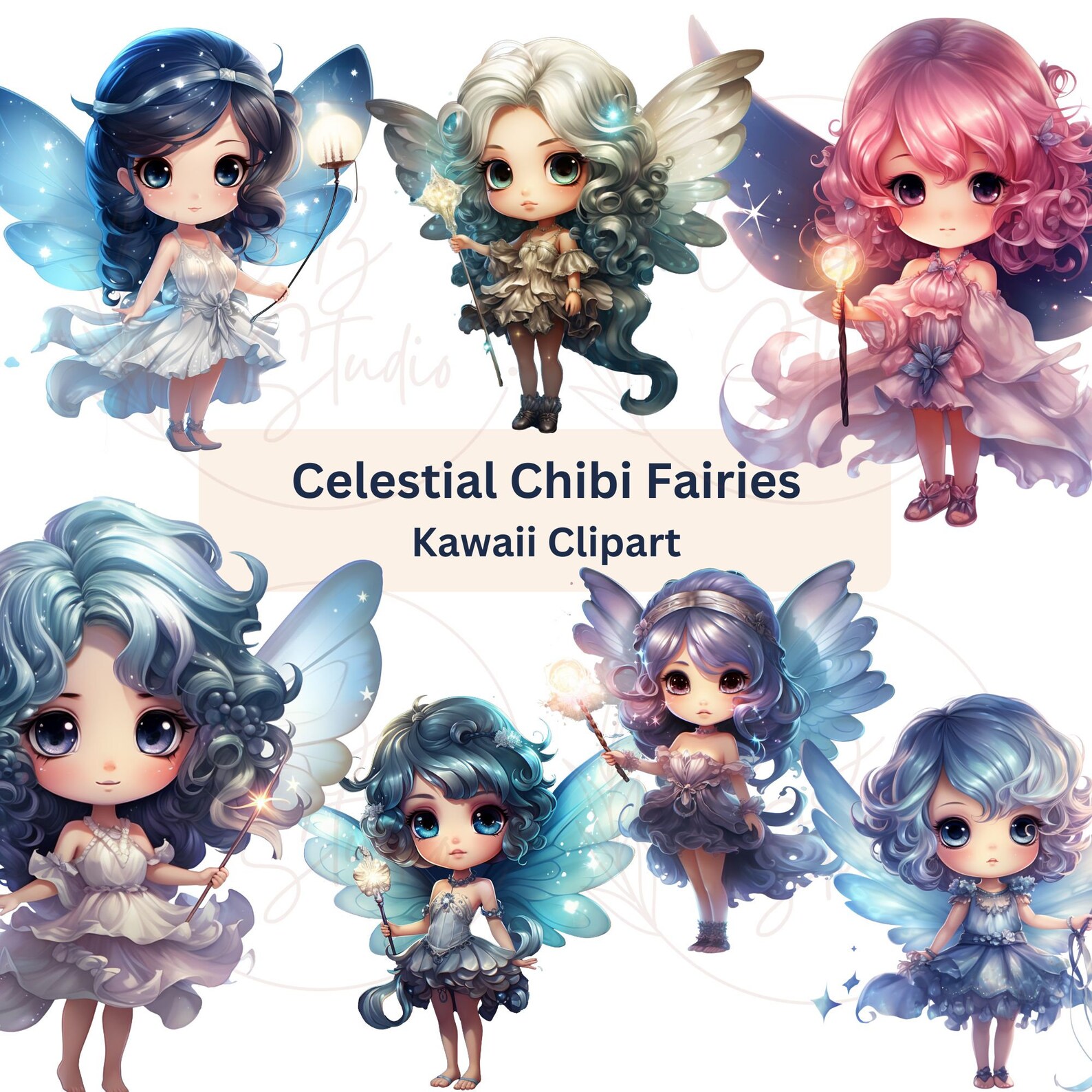 Celestial Chibi Fairies Clipart, Kawaii PNG, Whimsical Fairy, Moon ...