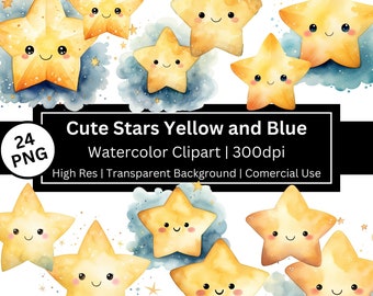 Cute Smiley Stars Clipart PNG, Star Clip Art, Nursery Theme, Watercolor ...