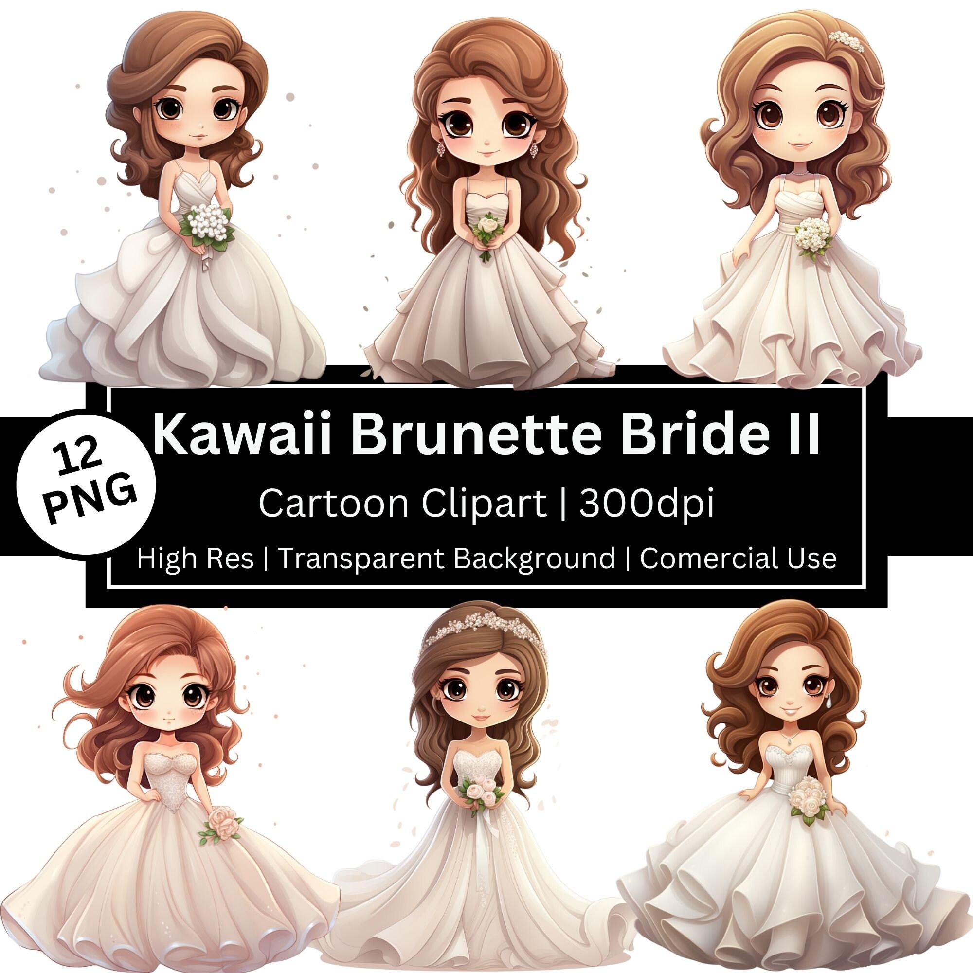 Cute Brunette Bride Clipart, Kawaii Bride, Cute Wedding Graphics ...