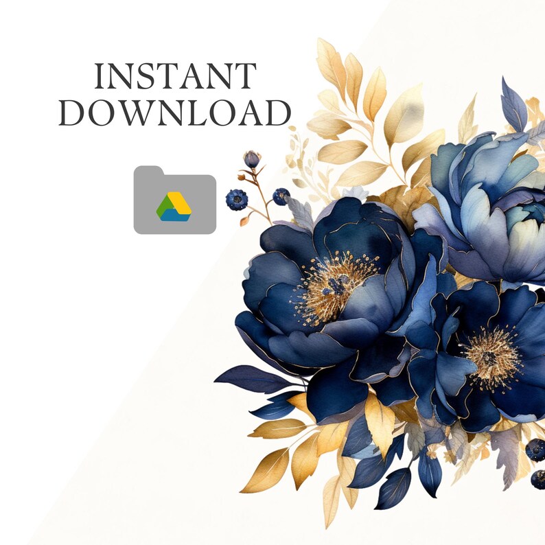 Navy Blue and Gold Floral Clipart: Watercolor Flower Bouquets, Wedding ...