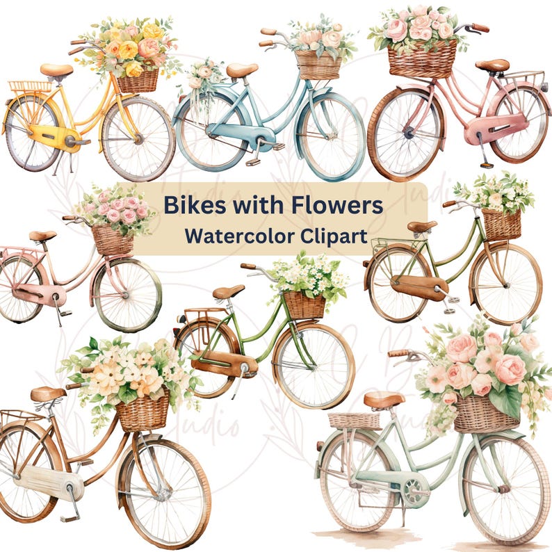 Floral Bicycle Clipart, Watercolor Bikes With Flowers, Spring Stickers ...