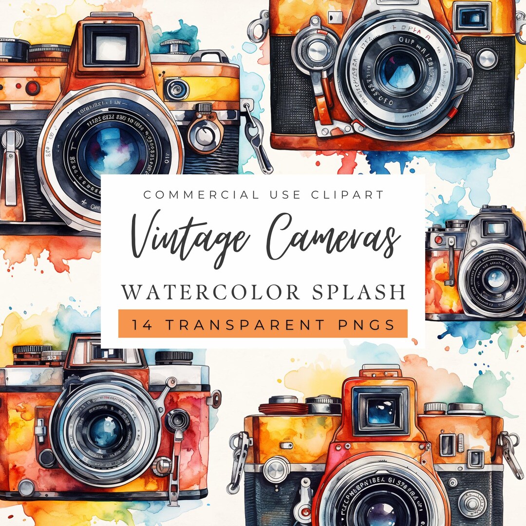 Vintage Cameras Clipart, Watercolor Splash Camera, Old Style Photo ...
