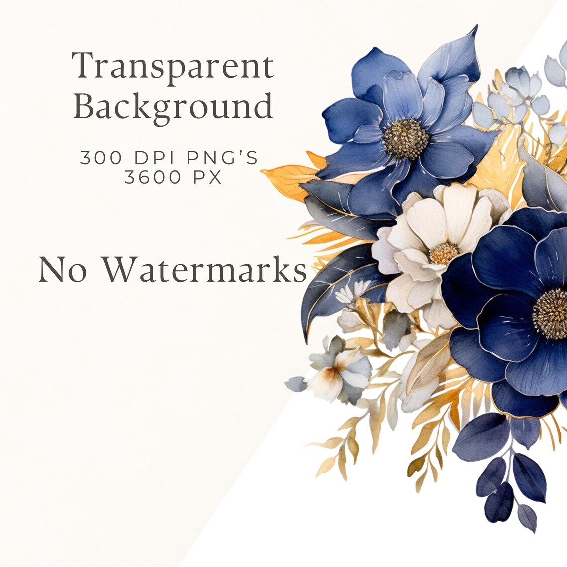 Navy Blue and Gold Floral Clipart: Watercolor Flower Bouquets, Wedding ...