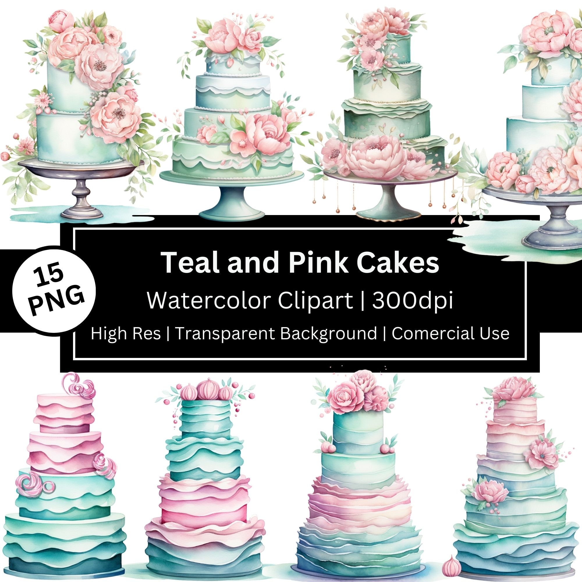 Teal and Pink Cake Clipart, Watercolor Wedding Cakes, Flowers ...