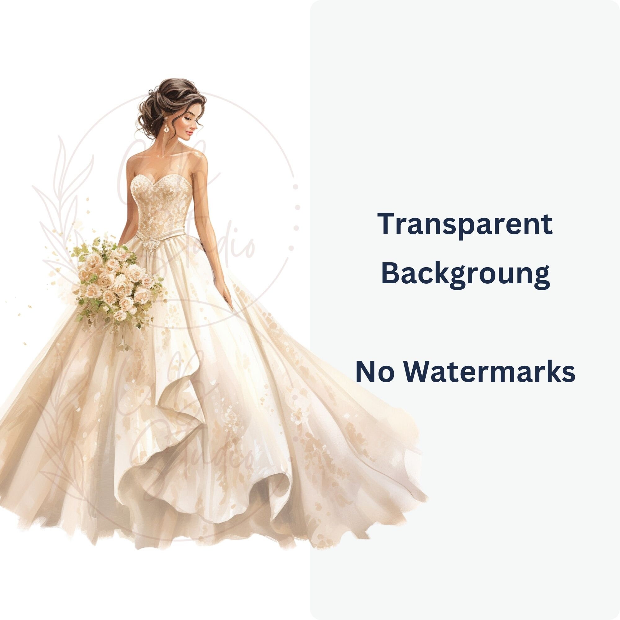 Princess Wedding Dress Clipart, White and Gold Watercolor Dress, Bridal ...