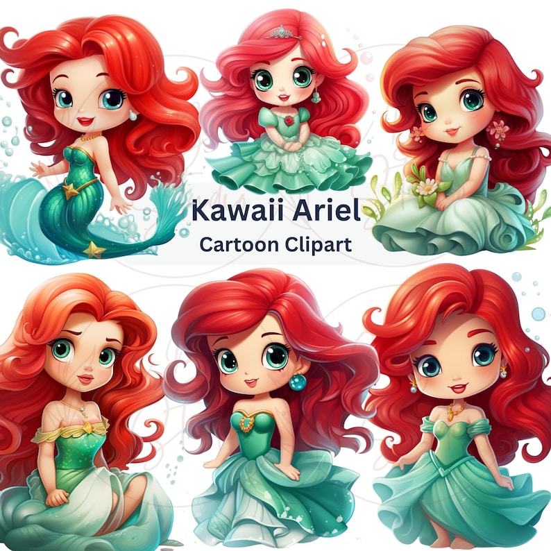 Ariel Cute Clipart, Set of 12 Kawaii Png, Chibi, Fantasy Fairytale ...