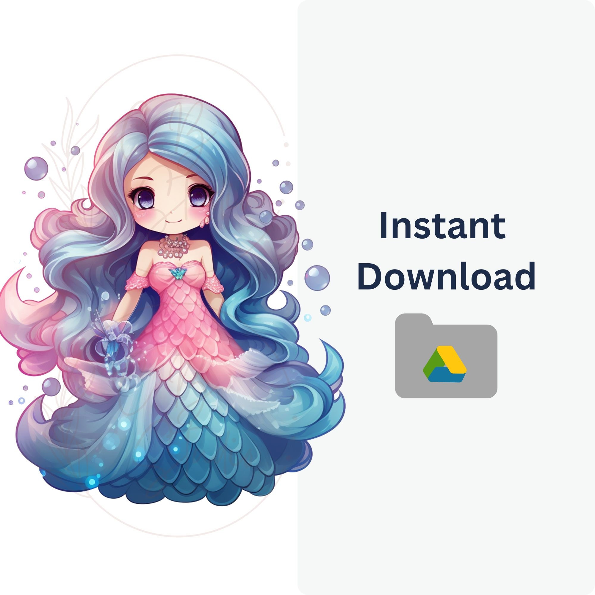 Kawaii Mermaid Clipart, Cute Chibi Mermaids, Pink and Blue Clipart ...