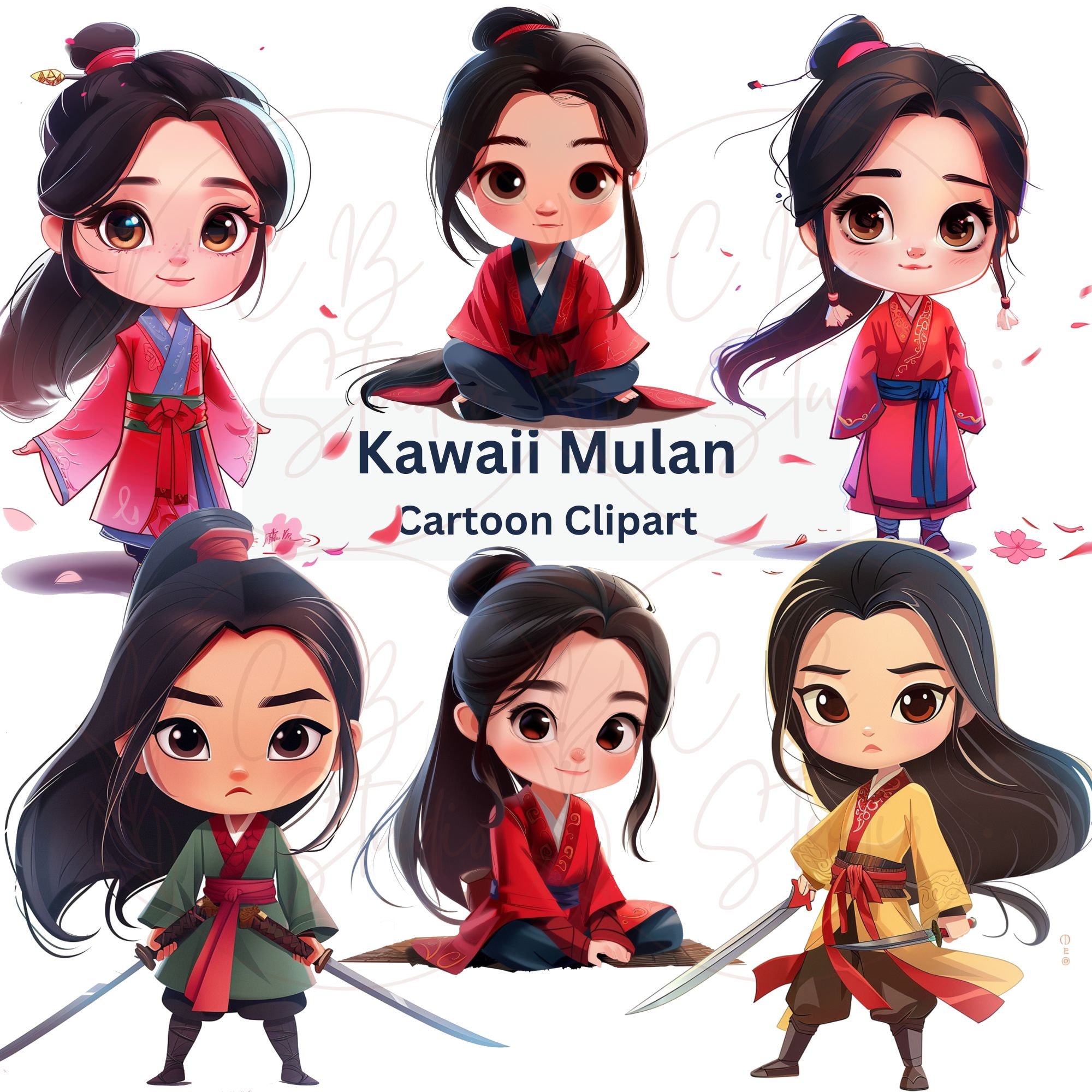 Mulan Cute Clipart, Chinese Princess, Set of 12 Kawaii PNG, Fantasy ...