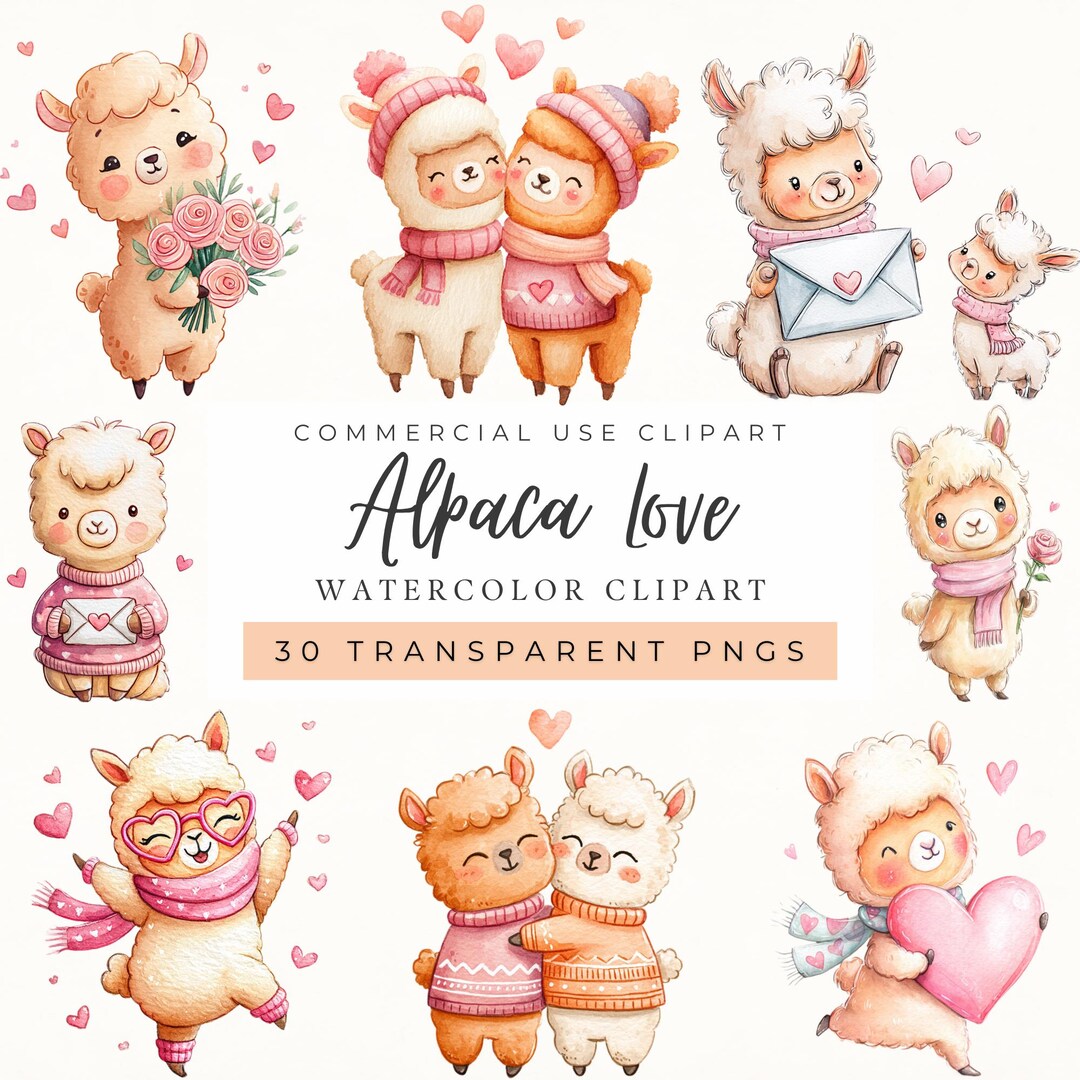 Alpaca Clipart, Watercolor Valentine Animals, Adorable Alpacas, Llama ...