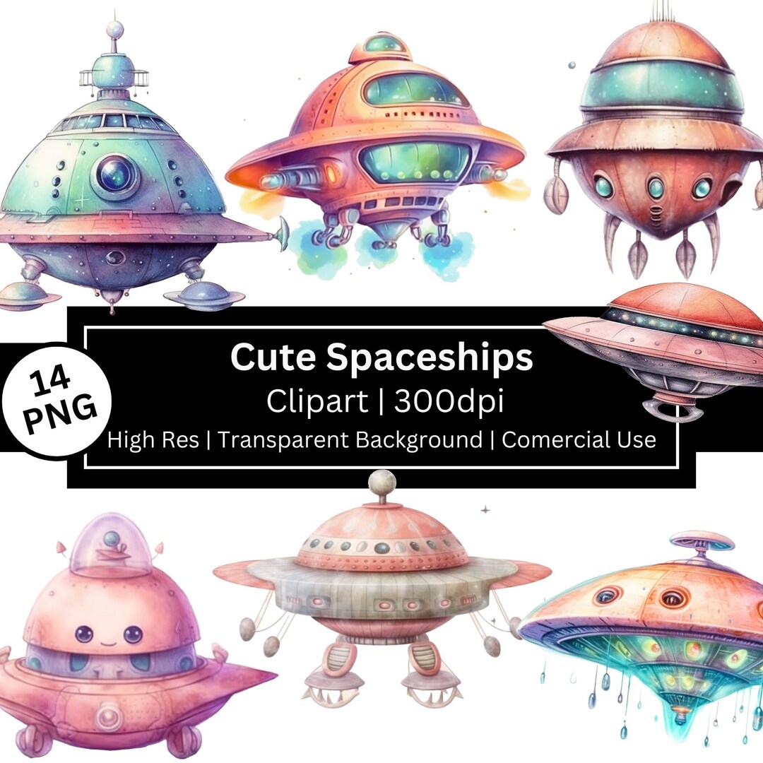 Cute Spaceship Clipart, Watercolor Space Clipart, Nursery, Cute Outer ...