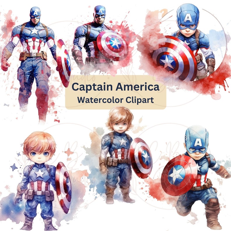 Captain America Watercolor Clipart, Cute Kid Captain America, Super ...