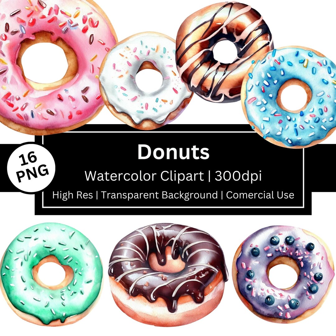 Watercolor Donuts Clipart, Sweets Illustration, Dessert Graphics, Food ...