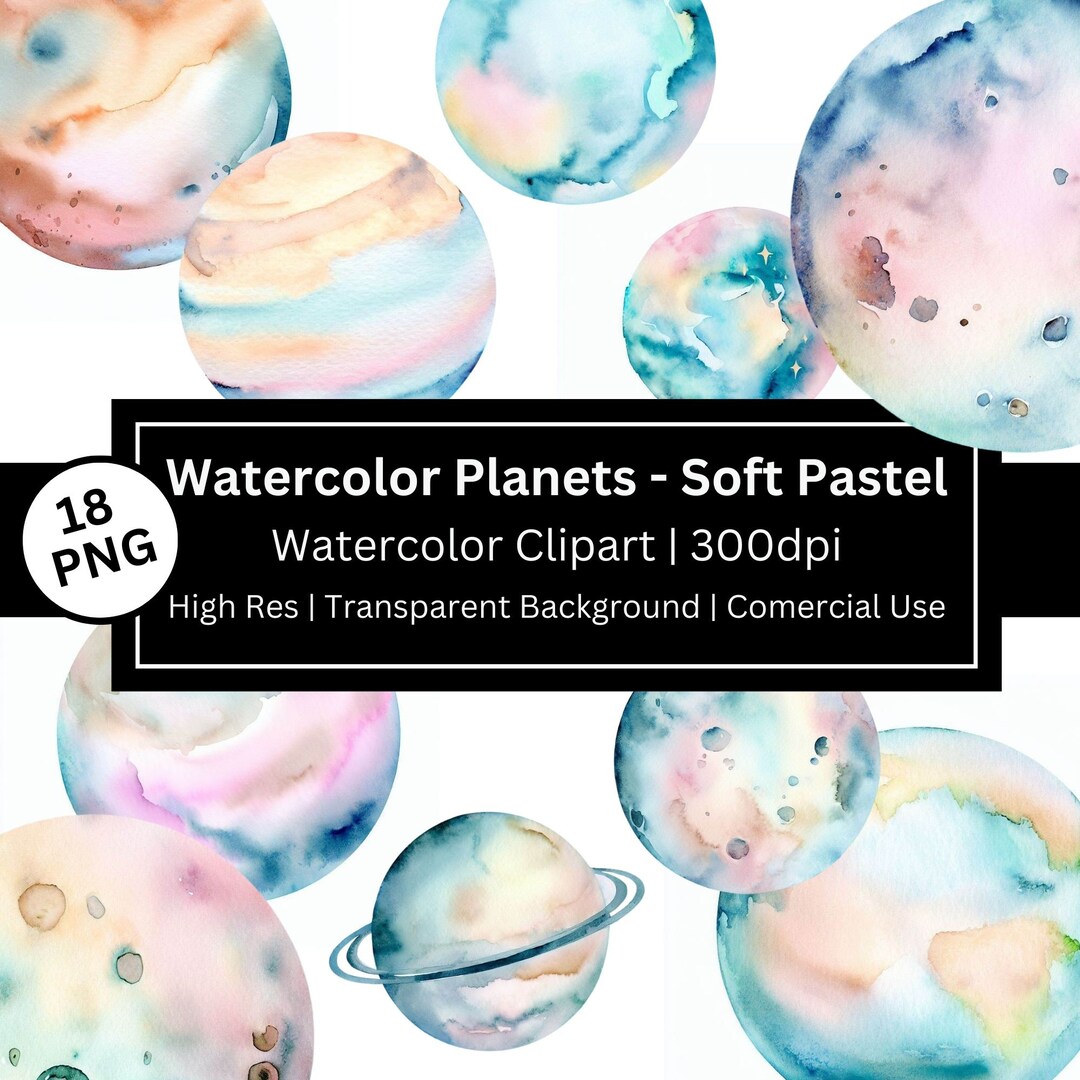 Watercolor Planet Clipart, Planets Soft Pastel, Earth, Moon, Jupiter ...