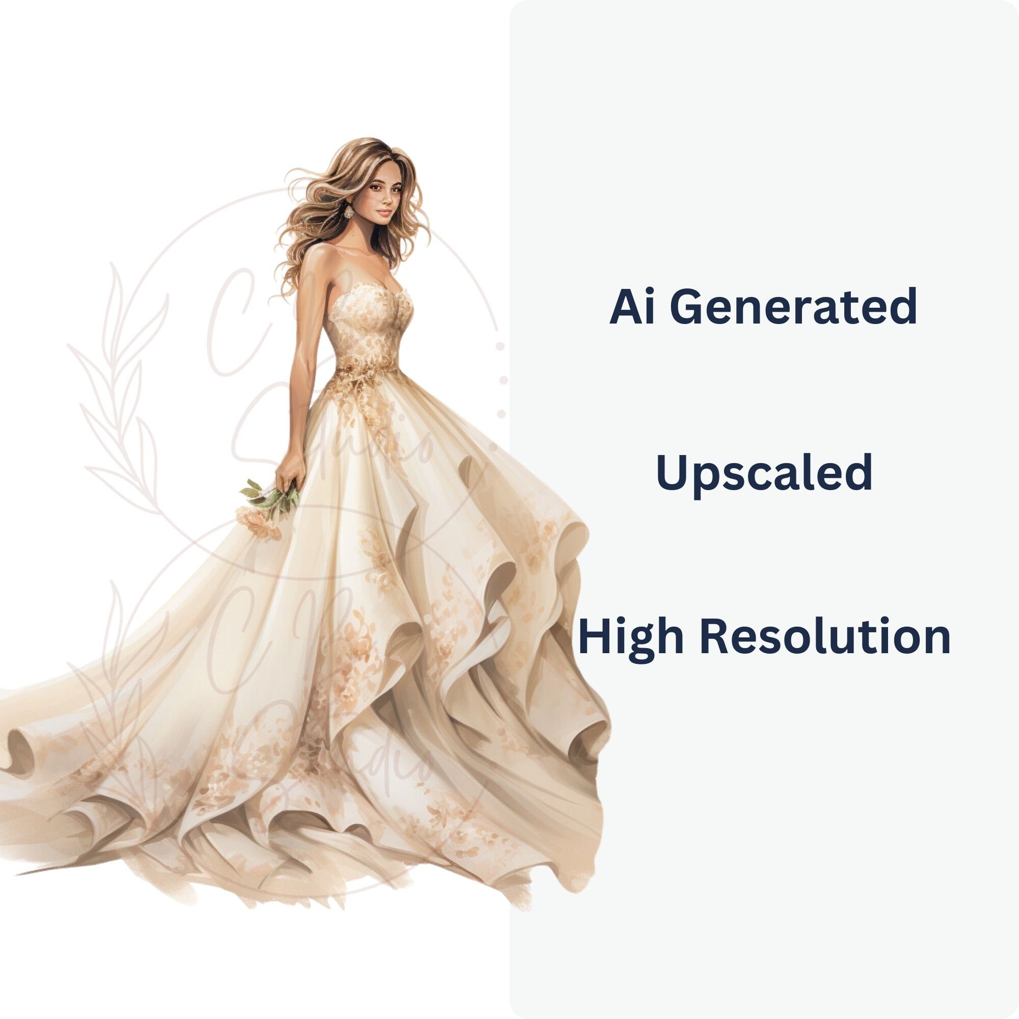 Princess Wedding Dress Clipart, White and Gold Watercolor Dress, Bridal ...