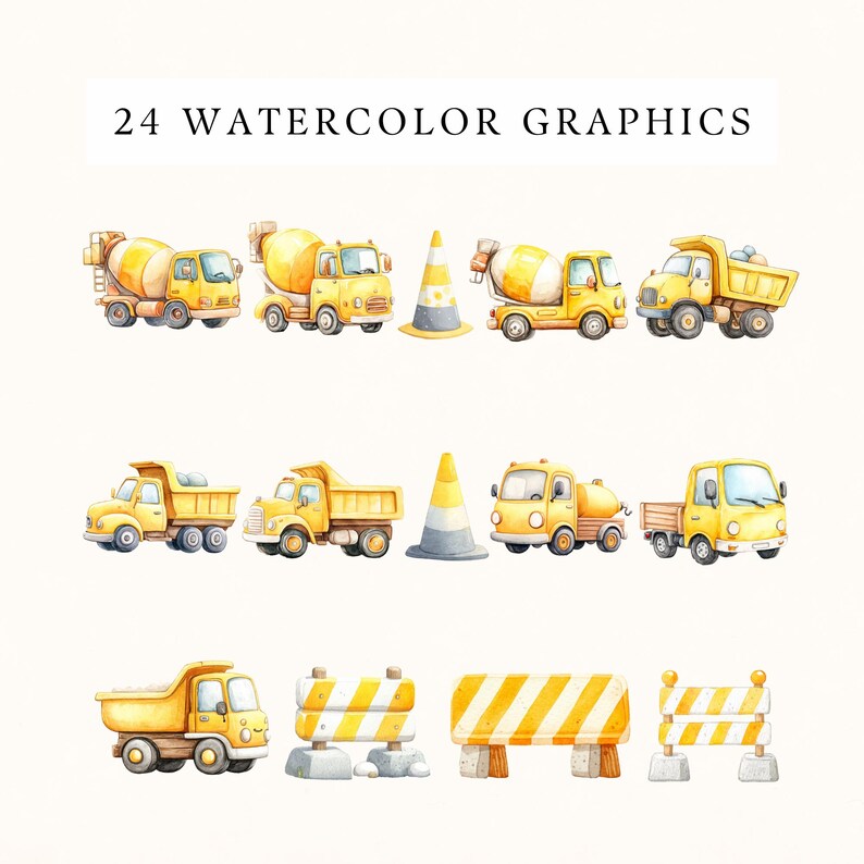 Watercolor Construction Clipart, Yellow Vehicles, Boys Nursery ...