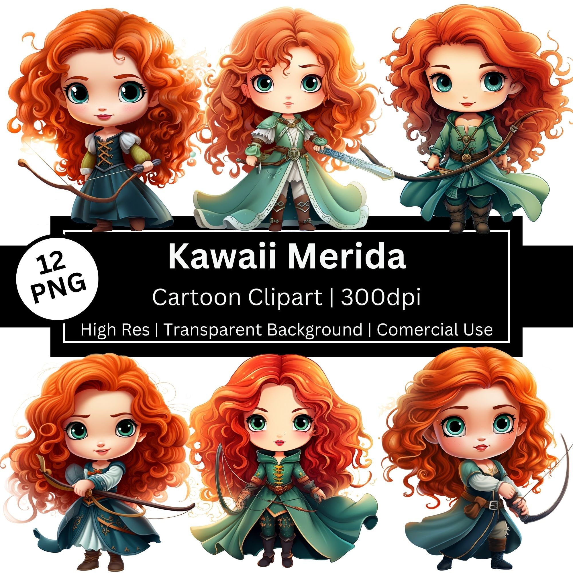 Merida Cute Clipart, Set of 12 Cartoon Png, Chibi, Kawaii, Fantasy ...