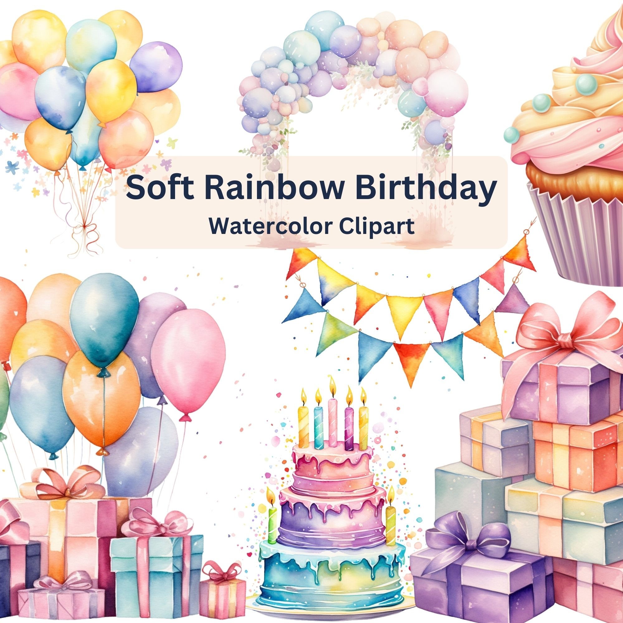 Rainbow Birthday Clipart, Watercolor Rainbow Clipart, Birthday Cake ...