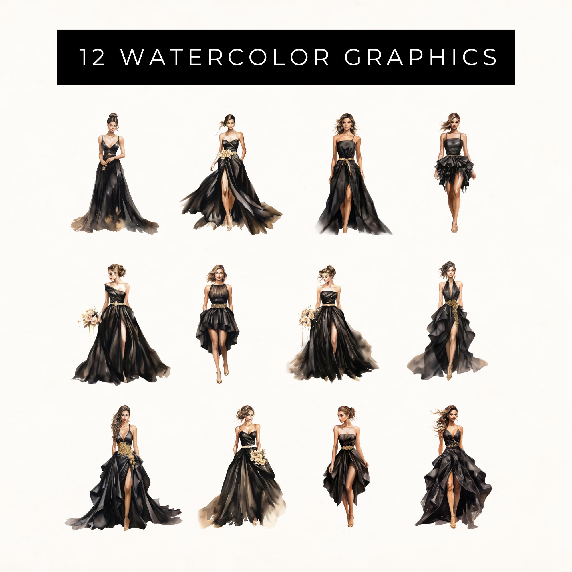 Watercolor Party Girl Clipart, Black Dress Fashion, Cocktail Dress ...