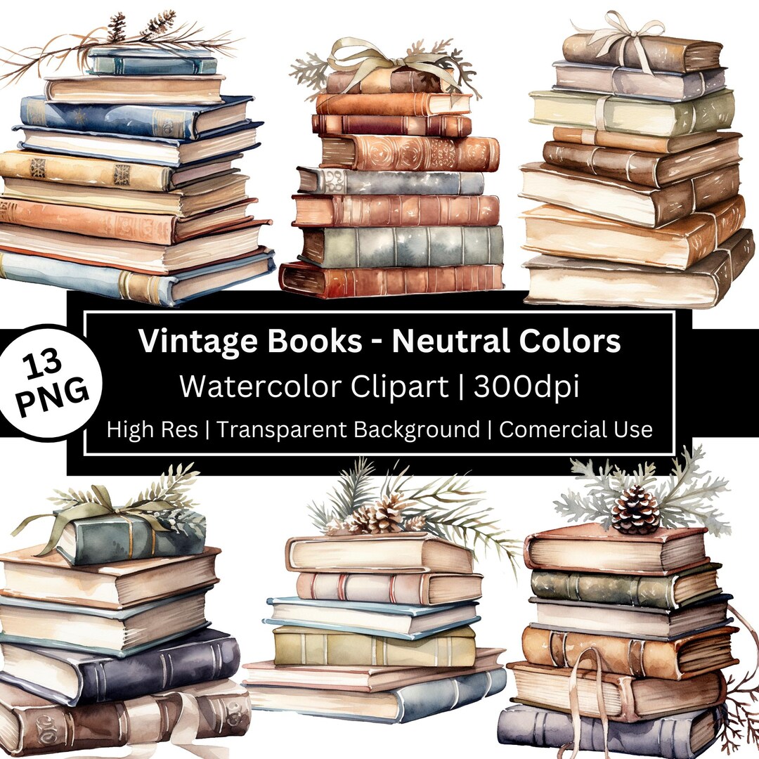 Vintage Books Clipart, Book Lover, Neutral Color Books, Beige, Brown ...