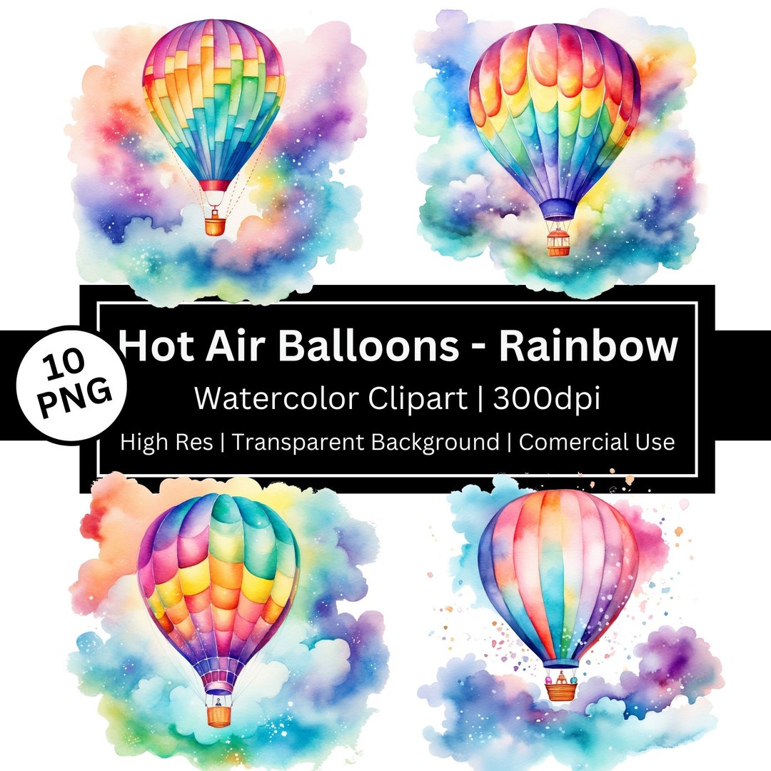 Rainbow Hot Air Balloon Clipart, Watercolor Colorful Graphics, 10 PNG ...