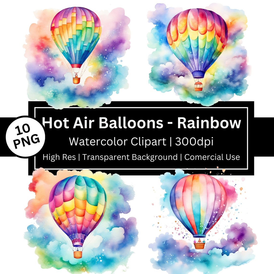 Hot Air Balloons Clip Art, Watercolor Balloons PNG High Res, Rainbow ...