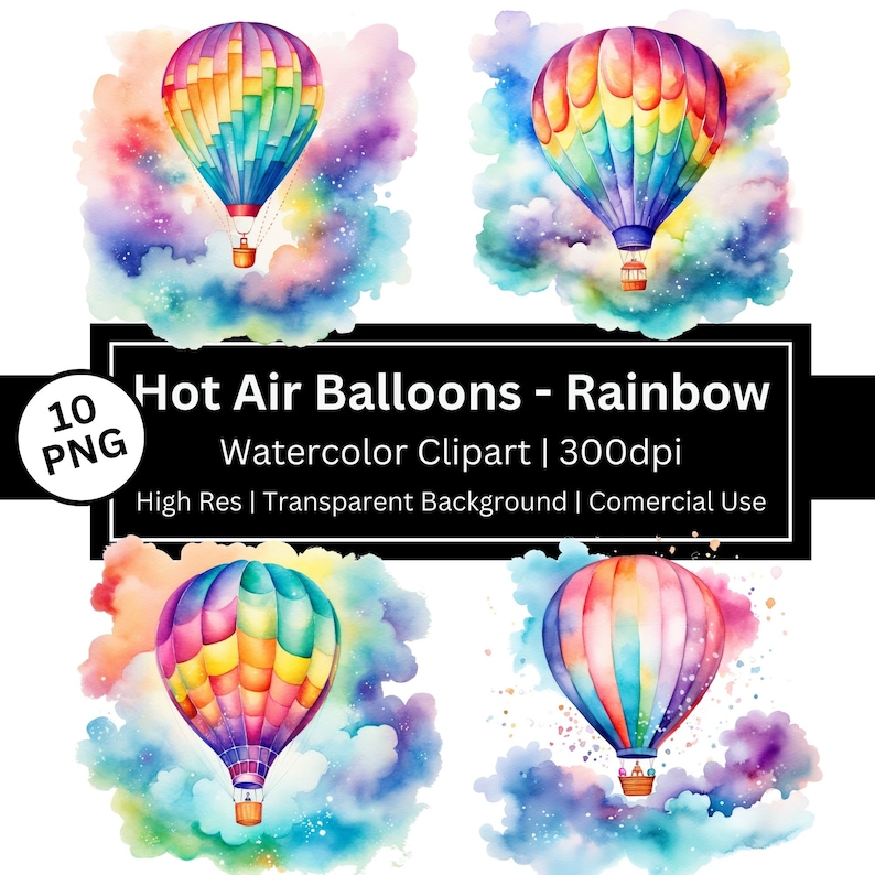 Hot Air Balloons Clip Art, Watercolor Balloons PNG High Res, Rainbow ...