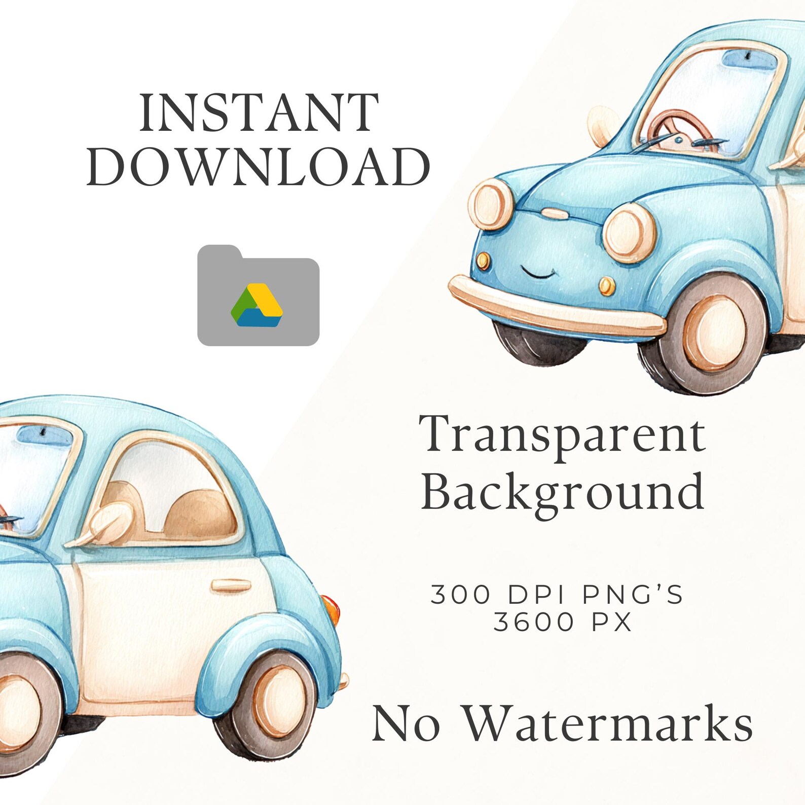 Watercolor Blue Car PNG, Single Image, Vintage Style, Retro Nursery ...