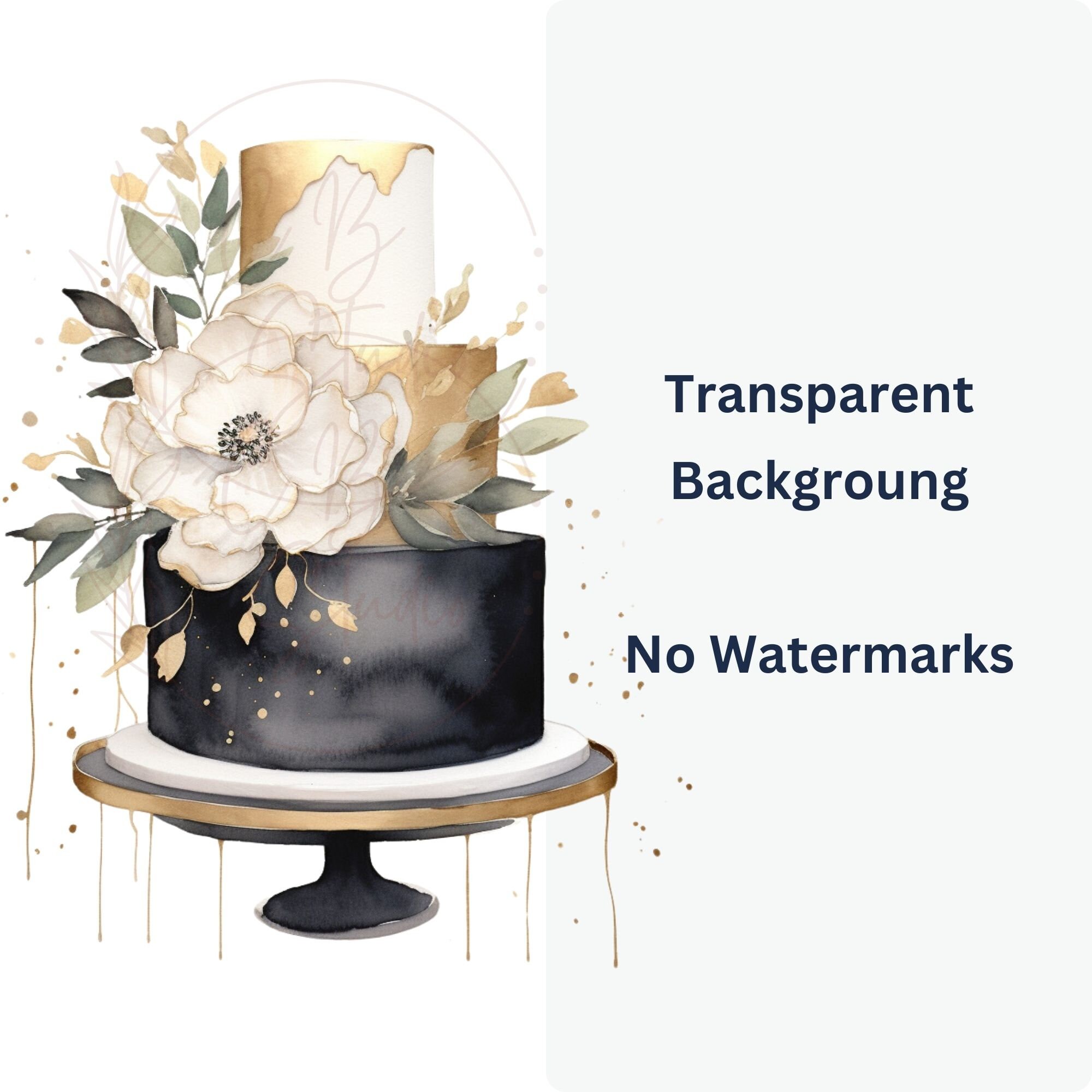 Black and Gold Cake Clipart, Watercolor Wedding Cakes, Sweets ...