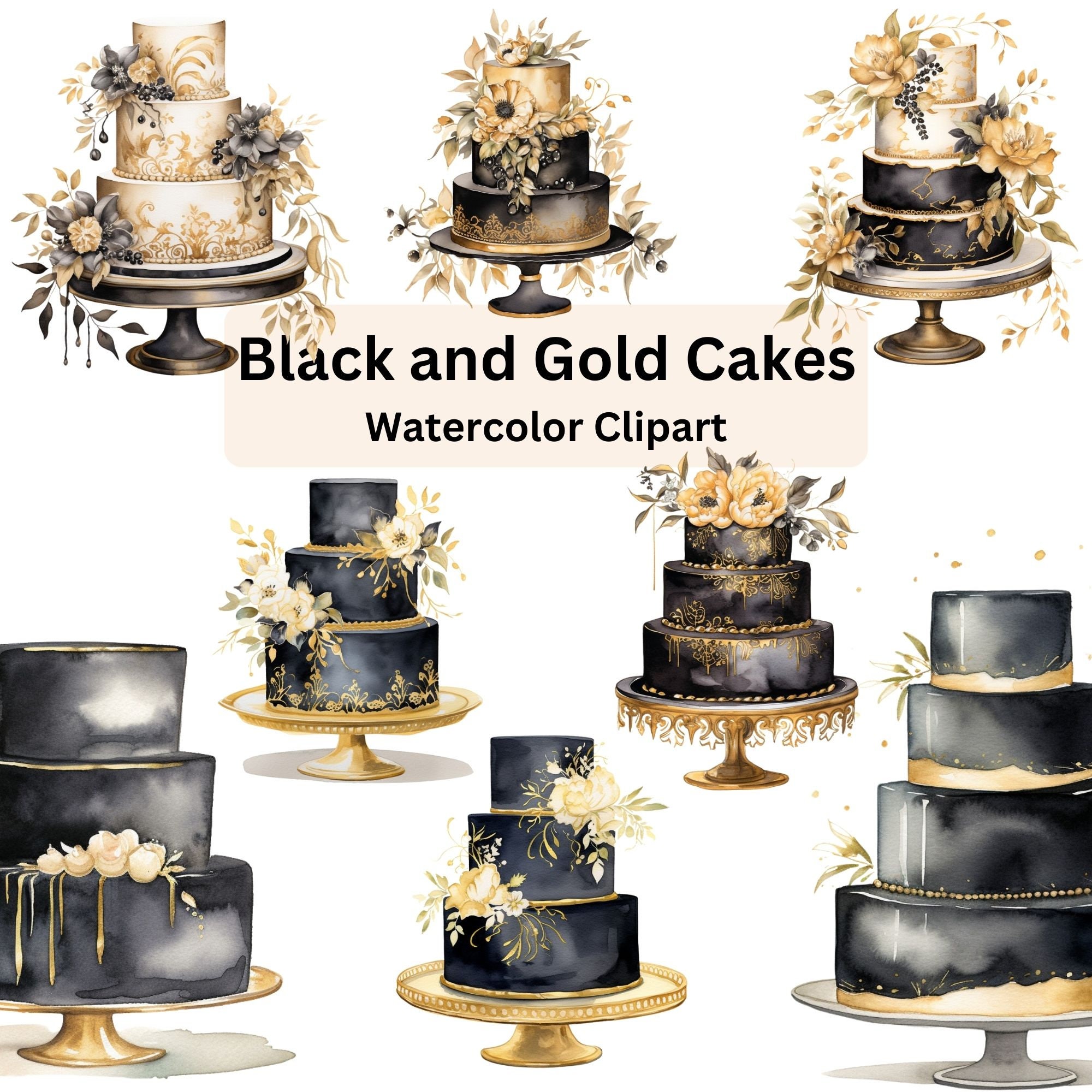 Black and Gold Cake Clipart, Watercolor Wedding Cakes, Sweets ...