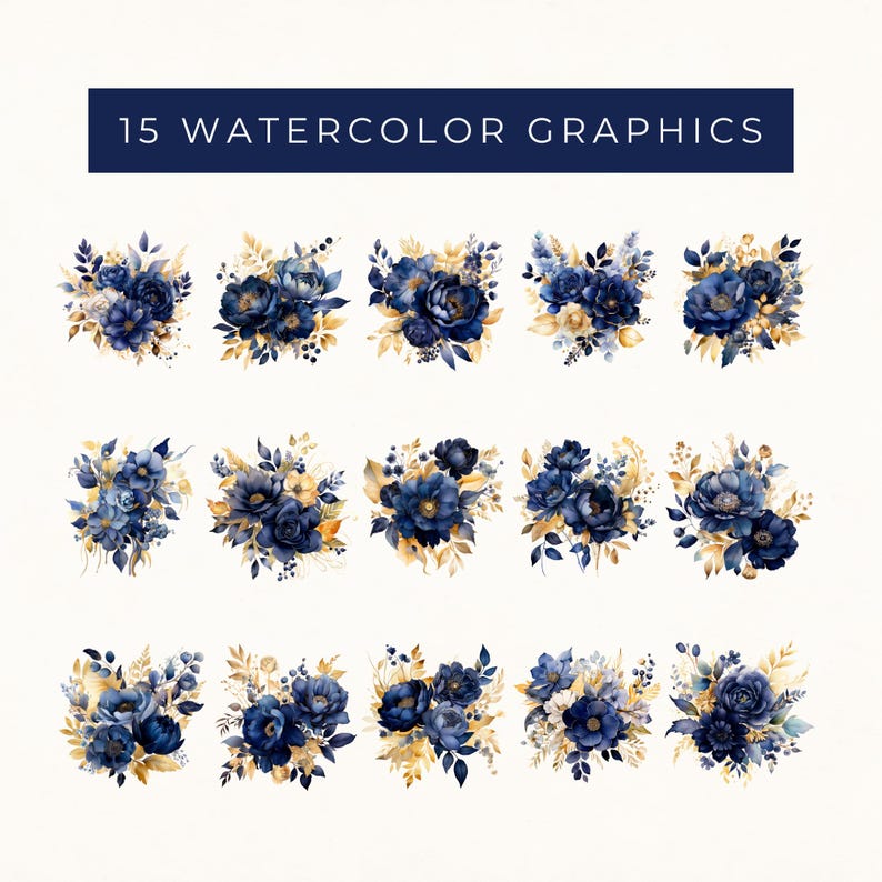 Navy Blue and Gold Floral Clipart: Watercolor Flower Bouquets, Wedding ...