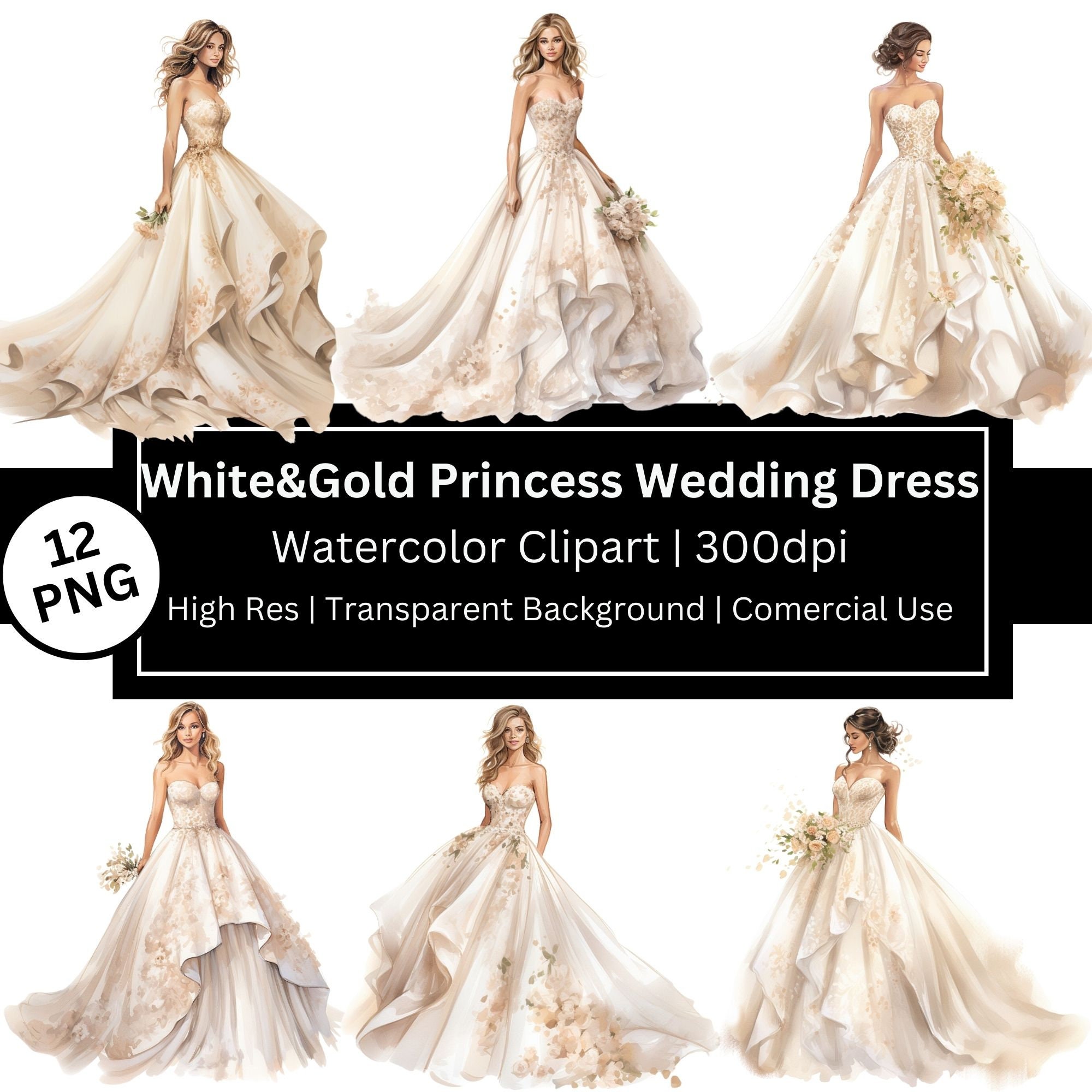 Princess Wedding Dress Clipart, White and Gold Watercolor Dress, Bridal ...