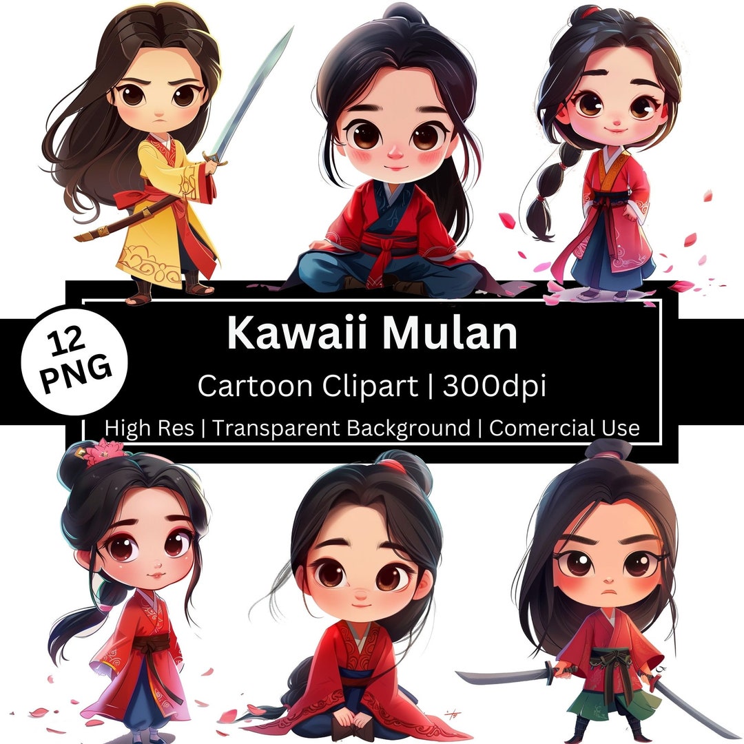 Mulan Cute Clipart, Chinese Princess, Set of 12 Kawaii PNG, Fantasy ...