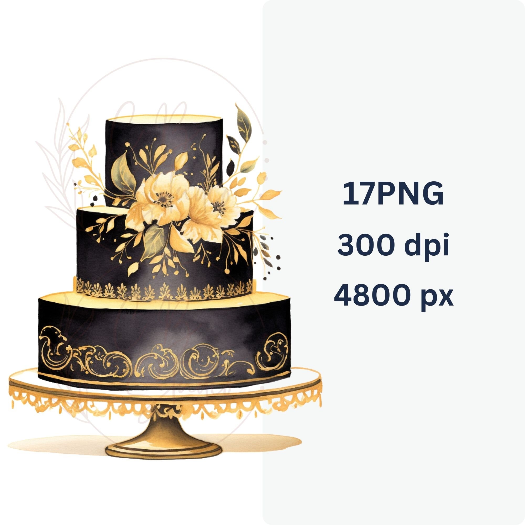 Black and Gold Cake Clipart, Watercolor Wedding Cakes, Sweets ...
