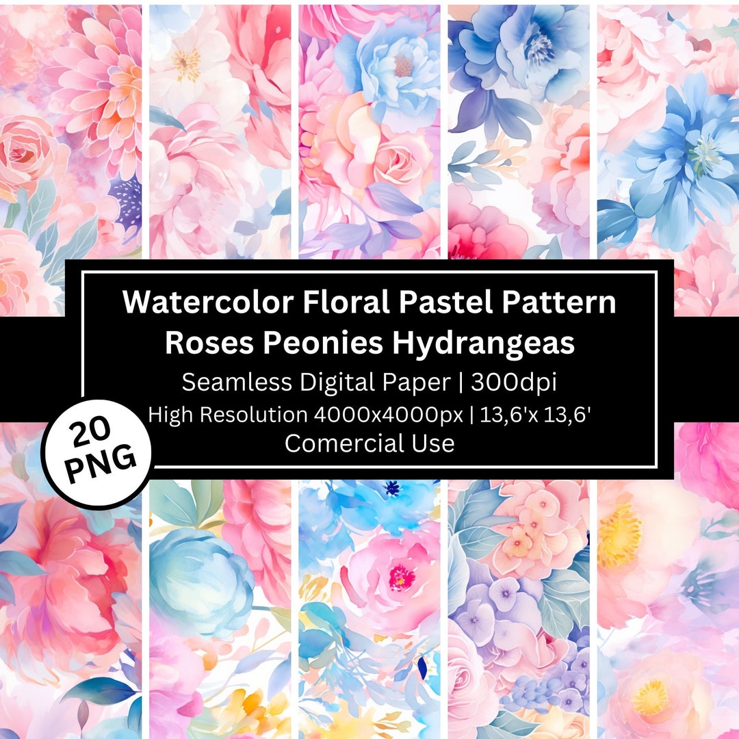 Watercolor Floral Pastel Digital Paper, Set of 20 Seamless Paper ...