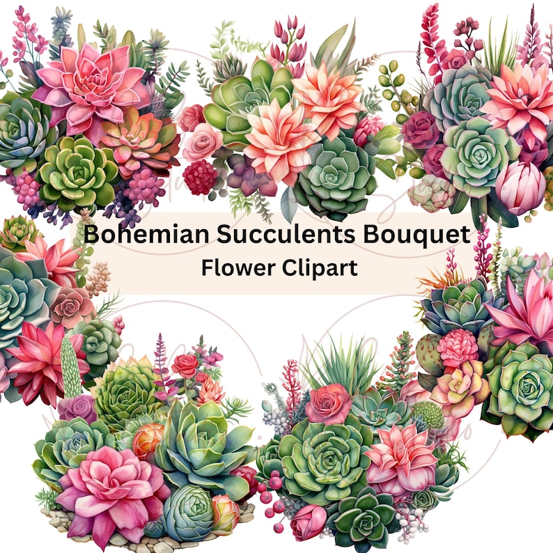 Watercolor Succulents Clipart, Floral PNG Set, Colorful Bouquet, Pink ...