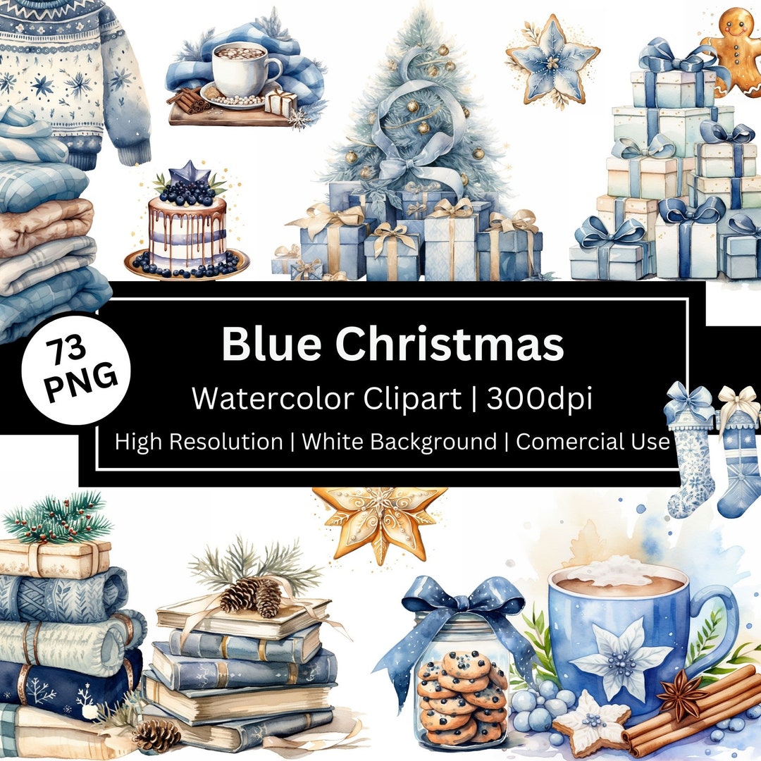 Blue Christmas Clipart, Watercolor Winter Set, Christmas Tree, Cozy ...