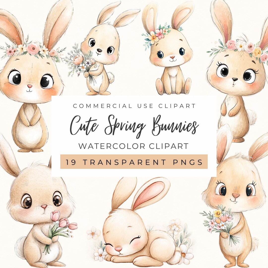 Spring Bunnies Clipart, Flower Bouquet, Sweet Little Rabbits, Soft ...