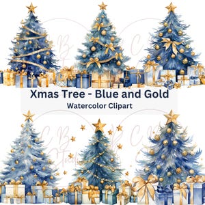 Blue Christmas Tree Clipart, Set of 12 Blue Png, Cozy Xmas, Blue, Gold ...