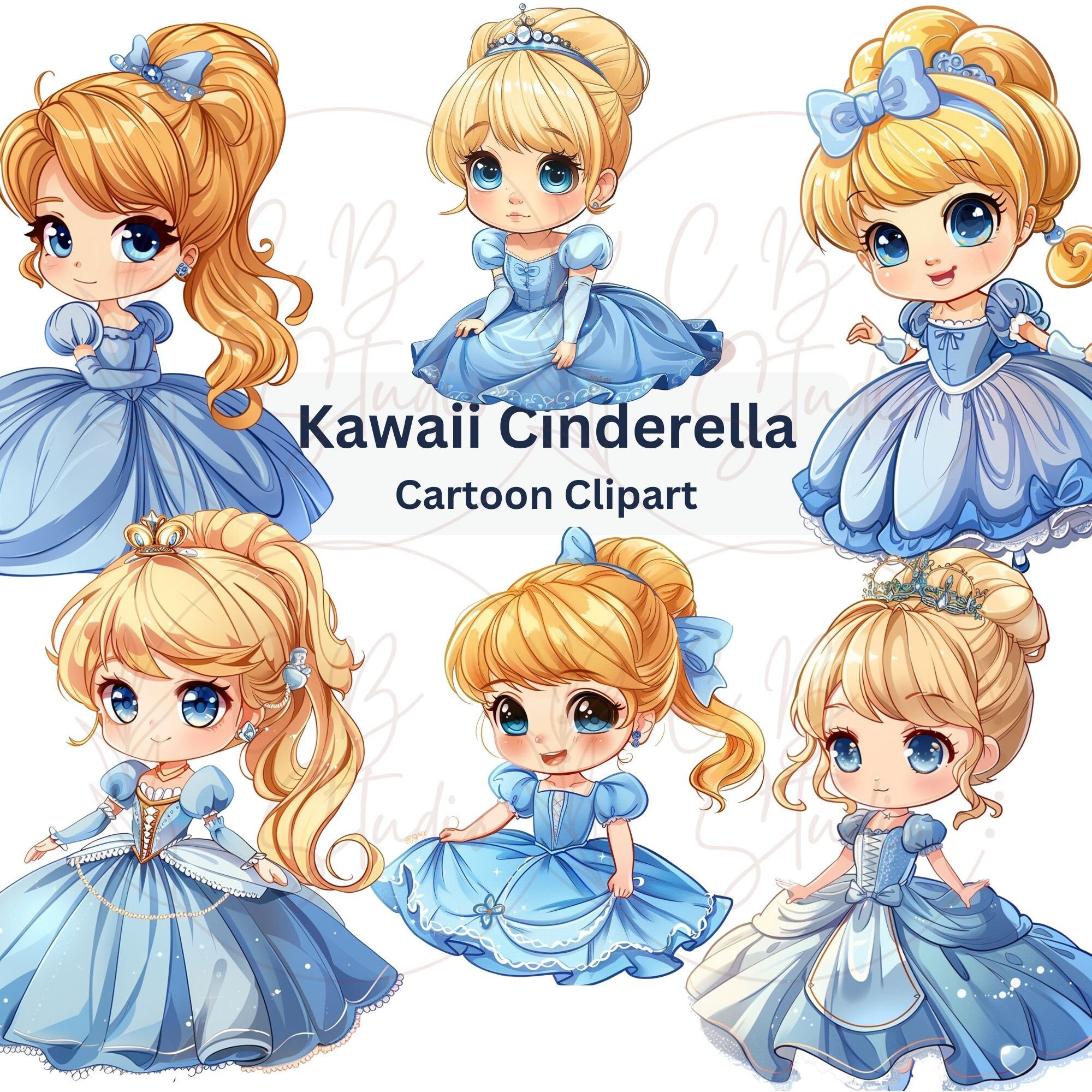 Cinderella Cute Clipart, Set of 12 Fantasy PNG, Blue Princess Fairytale ...