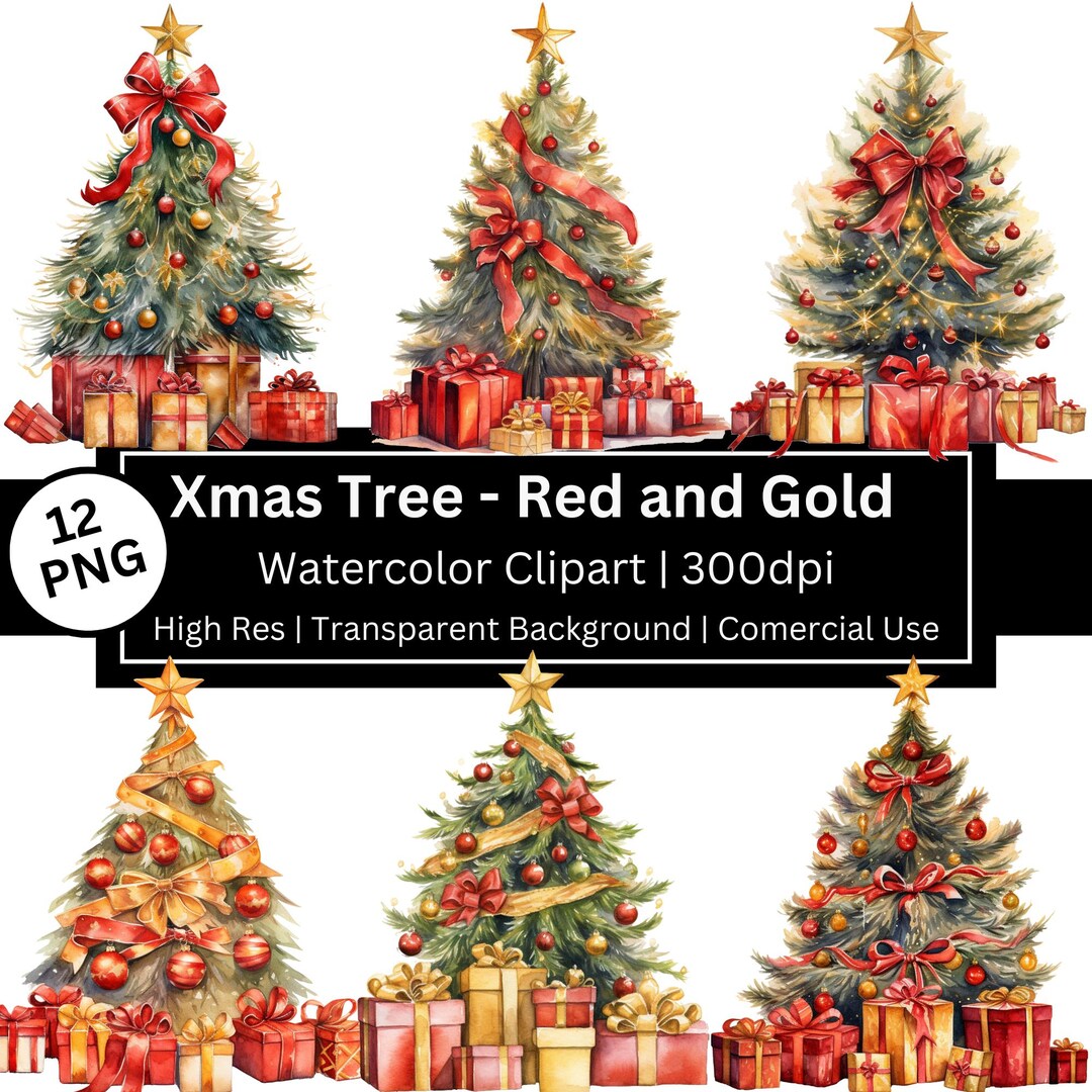 Christmas Tree Clipart, Set of 12 PNG, Red Cozy Xmas, Red Anf Gold ...