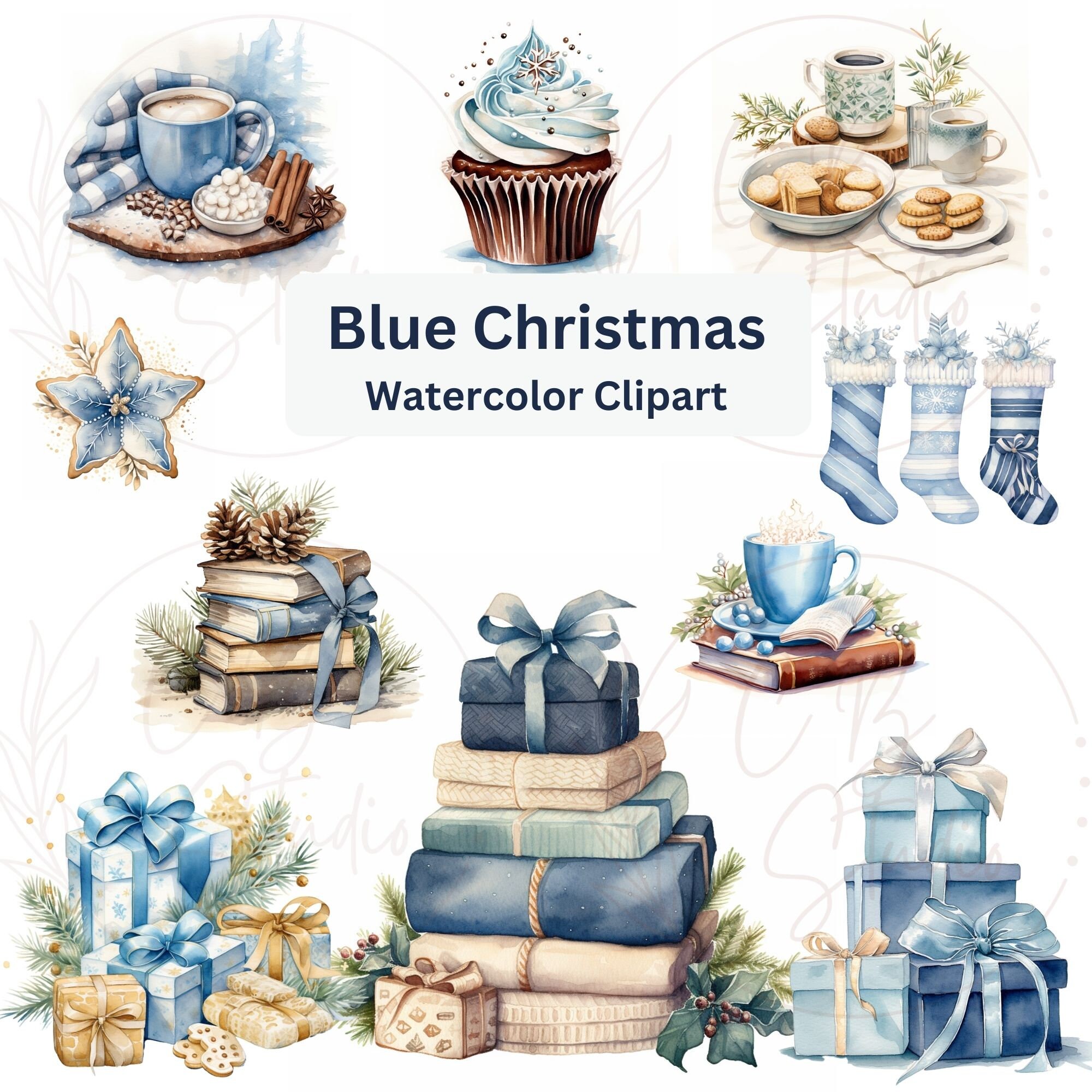 Blue Christmas Clipart, Watercolor Winter Set, Christmas Tree, Cozy ...
