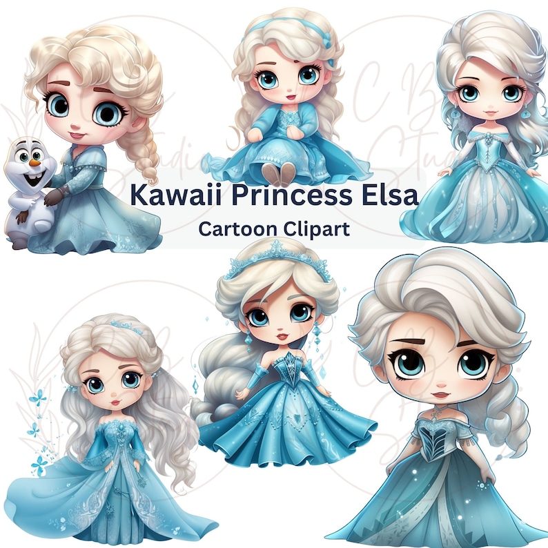 Princess Elsa Cute Clipart, Set of 12 Cartoon, Chibi, Kawaii, Fantasy ...