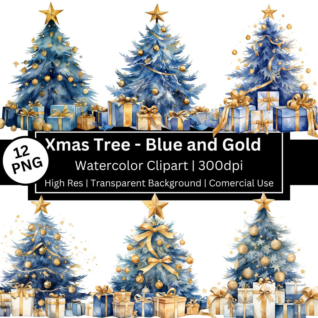 Blue Christmas Tree Clipart, Set of 12 Blue Png, Cozy Xmas, Blue, Gold ...