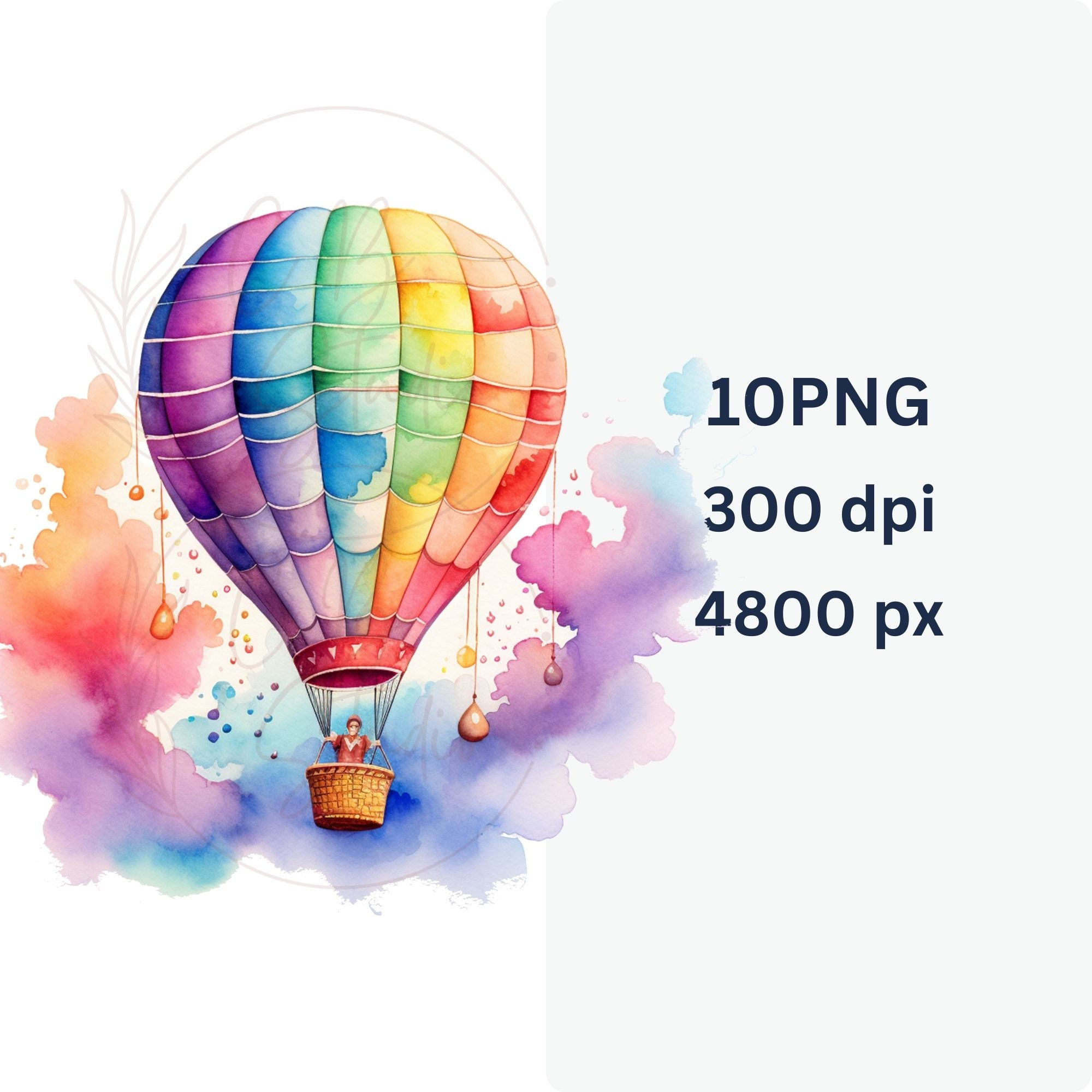 Rainbow Hot Air Balloon Clipart, Watercolor Colorful Graphics, 10 PNG ...