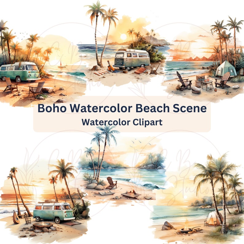 Beach Sunset Scene Clipart, Summer, Watercolor Sea, Boho Ilustration ...