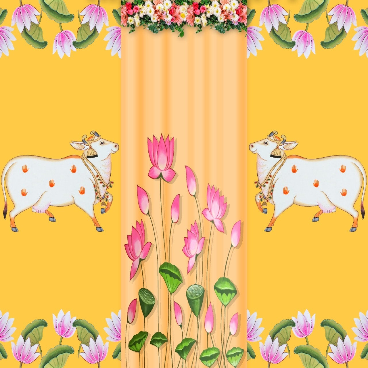 Pichwai Cow 3D Printed Big Size Lotus Design Backdrop Cloth/ - Etsy ...