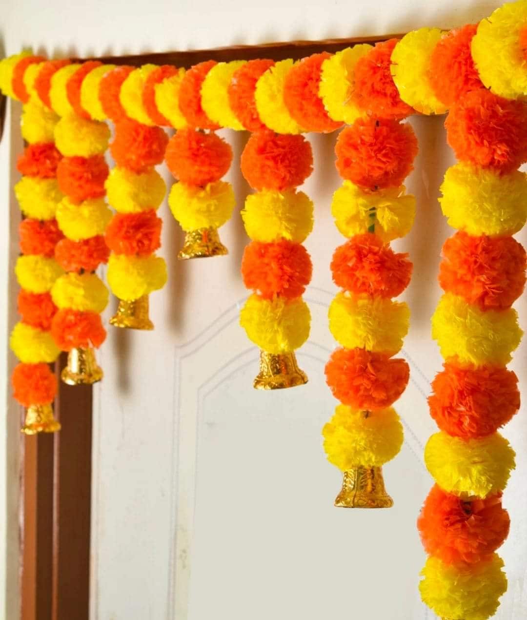 Marigold Toran With Bells Orange and Yellow Color Flower for Pooja ...