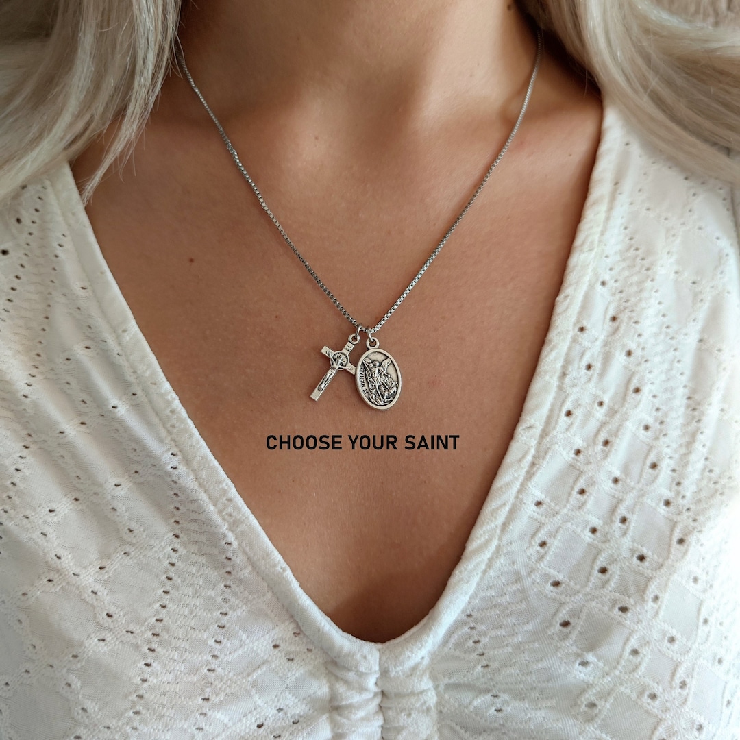 Necklace With Cross and Charms, Stainless Steel Necklace, Catholic ...